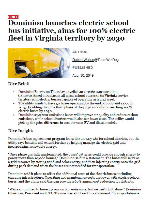 (IS-2019-130) Dominion launches electric school bus initiative, aims ...